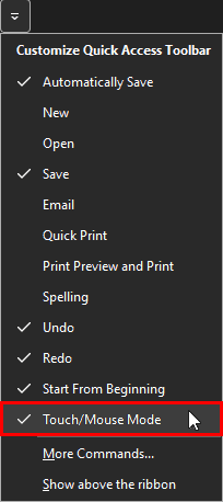 Touch or Mouse Mode in PowerPoint 365 for Windows