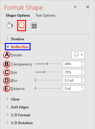Advanced Reflection Effect Options in PowerPoint 2016 for Windows