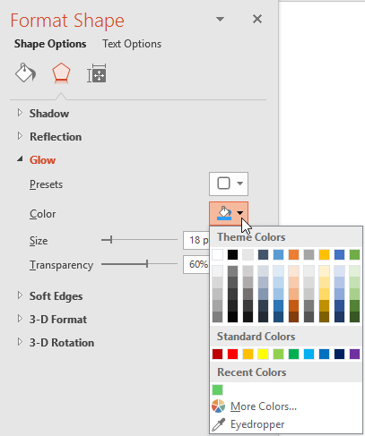 Advanced Glow Options in PowerPoint 2016 for Windows
