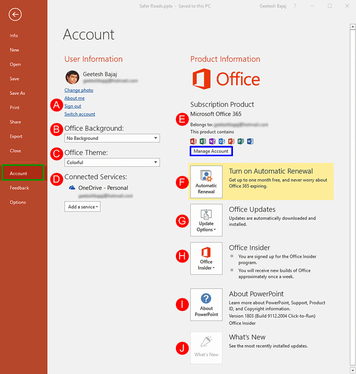 Account Tab of Backstage View in PowerPoint 2016 for Windows