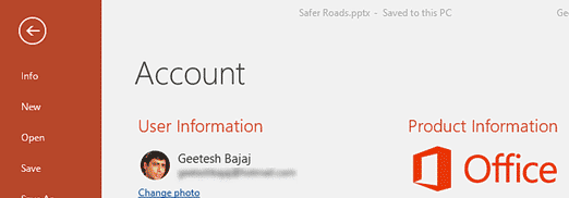 Account Tab of Backstage View in PowerPoint 2016 for Windows