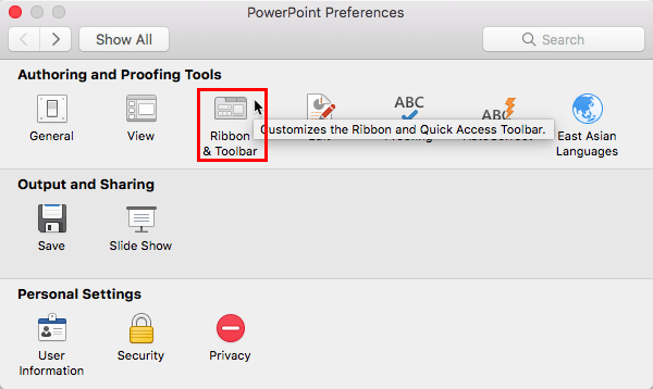 Reordering and Removing Ribbon Tabs in PowerPoint 2016 for Mac