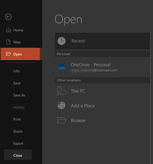 Open and Close Tabs of Backstage View in PowerPoint 2019 for Windows