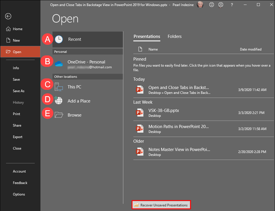 Open and Close Tabs of Backstage View in PowerPoint 2019 for Windows
