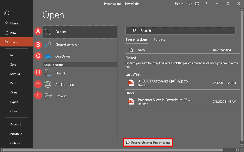 Open and Close Tabs of Backstage View in PowerPoint 365 for Windows