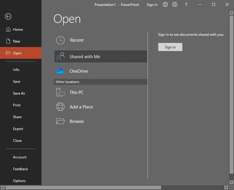 Open and Close Tabs of Backstage View in PowerPoint 365 for Windows