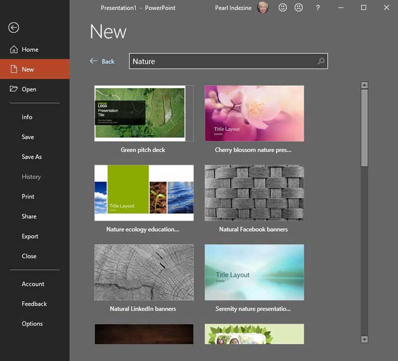 New Tab of Backstage View in PowerPoint 2019 for Windows