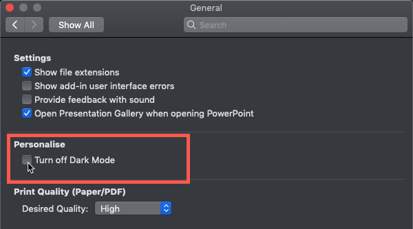 Changing Interface Color in PowerPoint 365 for Mac
