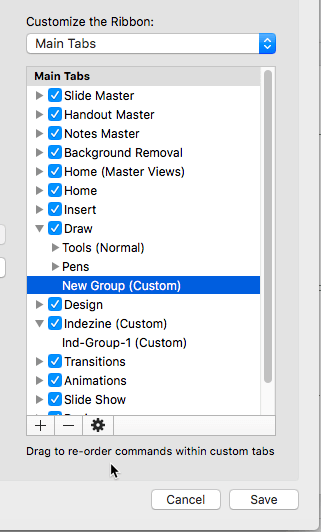 Working with Custom Groups in Ribbon Tabs in PowerPoint 2016 for Mac