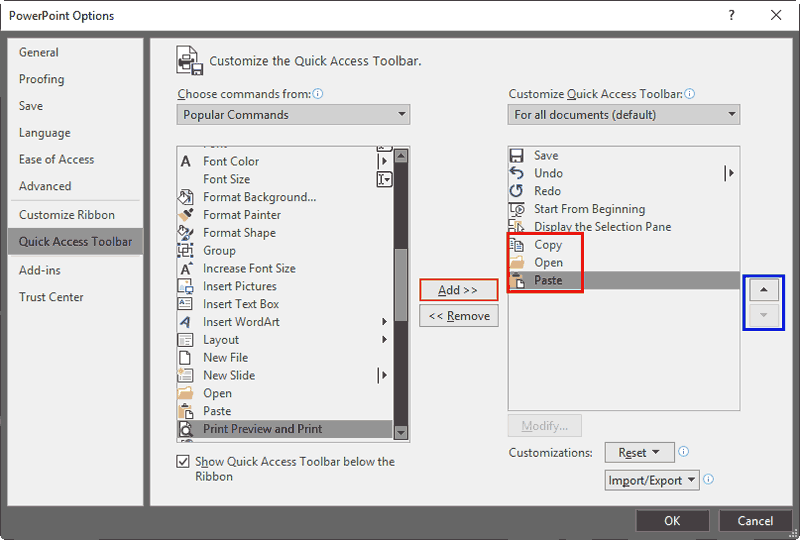 Customize Quick Access Toolbar in PowerPoint 2019 for Windows