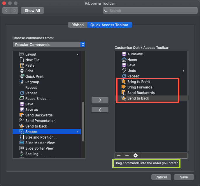 Customize Quick Access Toolbar in PowerPoint 365 for Mac