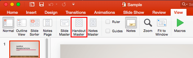 Handout Master View in PowerPoint 2016 for Mac