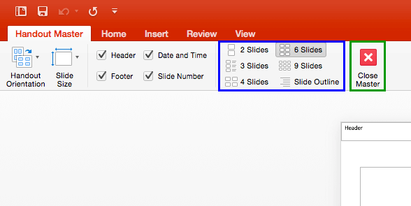 Handout Master View in PowerPoint 2016 for Mac