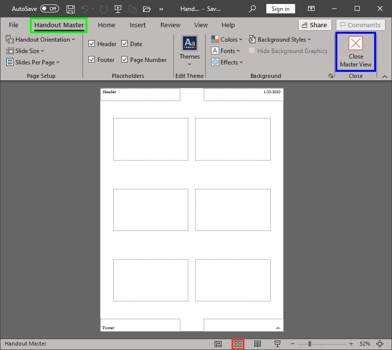 Handout Master View in PowerPoint 365 for Windows