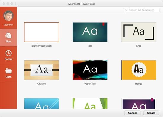 Interface in PowerPoint 2016 for Mac