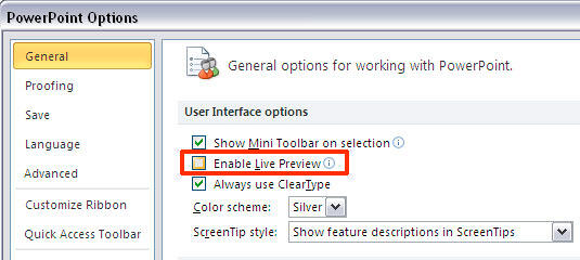 Live Preview in PowerPoint 2010 for Windows
