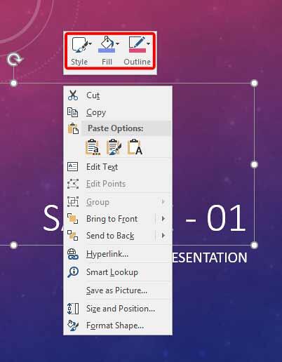 Mini Toolbar in PowerPoint 2016 for Windows