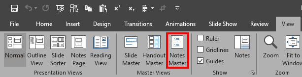 Notes Master View in PowerPoint 2019 for Windows