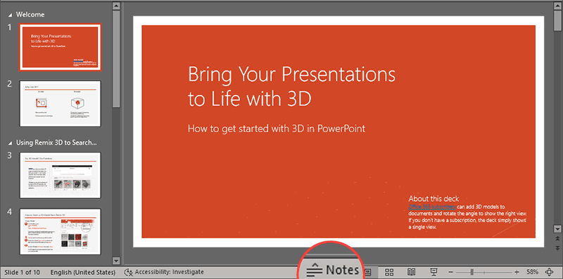 Notes Pane in PowerPoint 365 for Windows