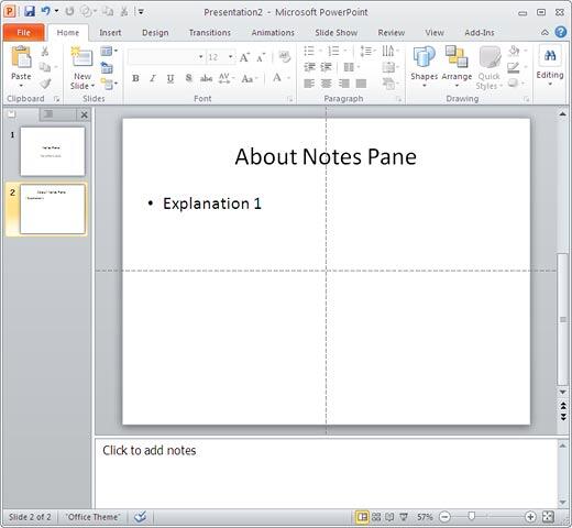 Notes Pane in PowerPoint 2010 for Windows