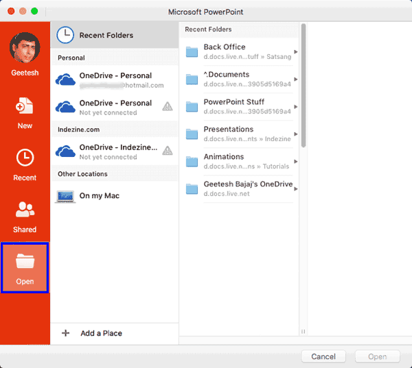 Open and Close Tabs of Backstage View in PowerPoint 2016 for Mac
