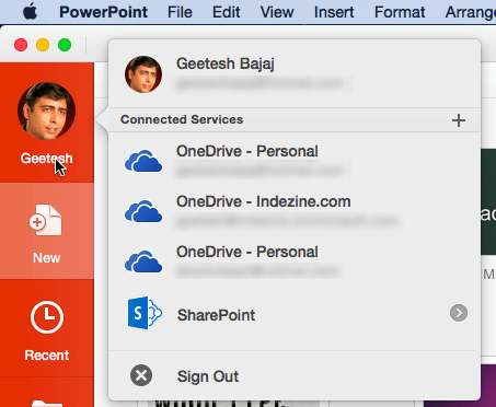 Account Tab of Backstage View in PowerPoint 2016 for Mac