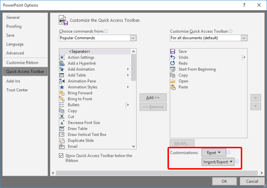 Reset Export And Import Qat Customizations In Powerpoint 2016 For Windows