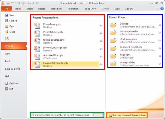 Recent Tab of Backstage View in PowerPoint 2010 for Windows