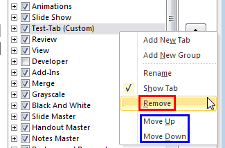 Reordering and Removing Ribbon Tabs in PowerPoint 2010 for Windows