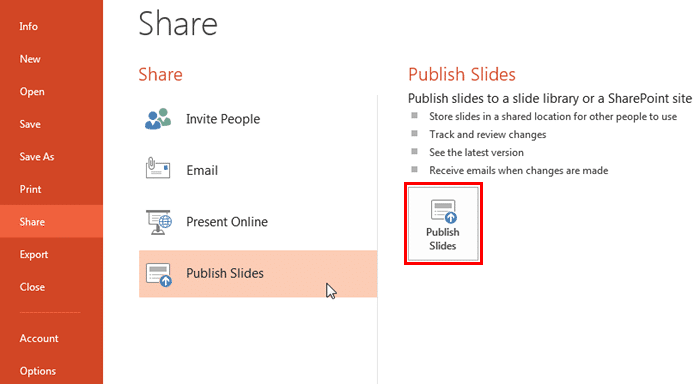Share Tab of Backstage View in PowerPoint 2013 for Windows