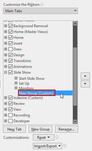 Working with Custom Groups in Ribbon Tabs in PowerPoint 2019 for Windows