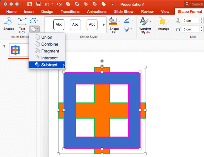 Shape Subtract Command in PowerPoint 2016 for Mac Shape Subtract Command in PowerPoint 2016 for Mac