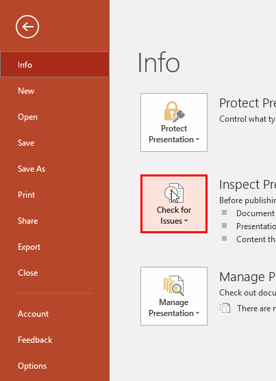 Inspect Document in PowerPoint 2016 for Windows Inspect Document in PowerPoint 2016 for Windows
