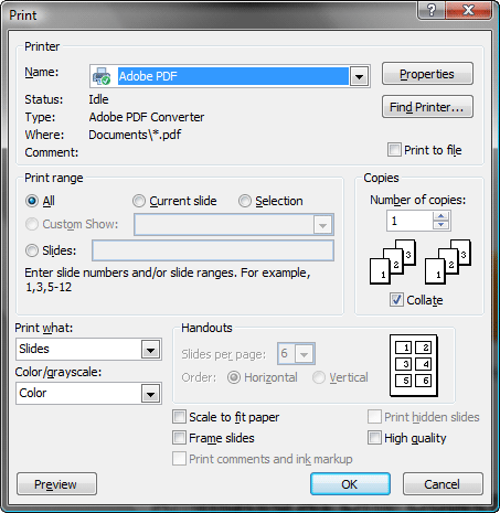 Using Adobe's PDF Print Driver in PowerPoint 2007 for Windows