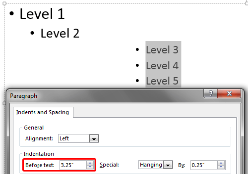 Set Text Indentation Using Numerical Values In Powerpoint 2013 For Windows